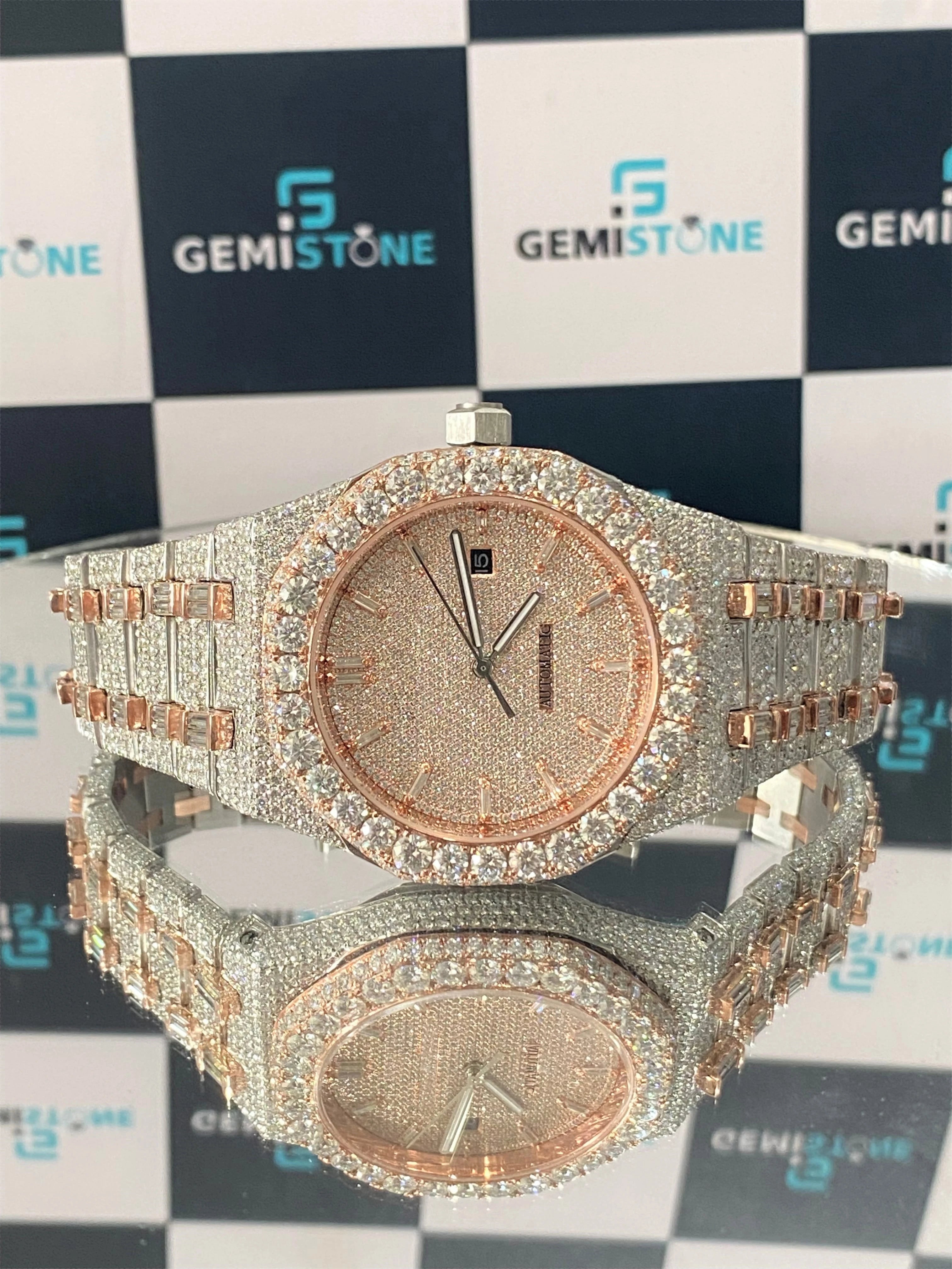 Fully Iced Out Two Tone Moissanite Baguette Bar Moissanite Watch ...